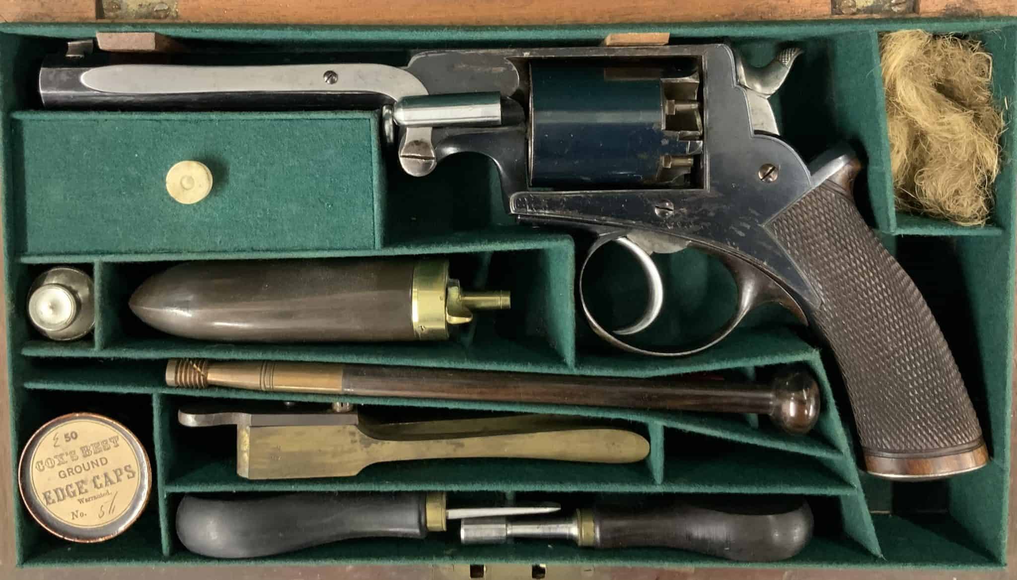 Cased 54 Bore Adams Revolver - Powder Flask UK