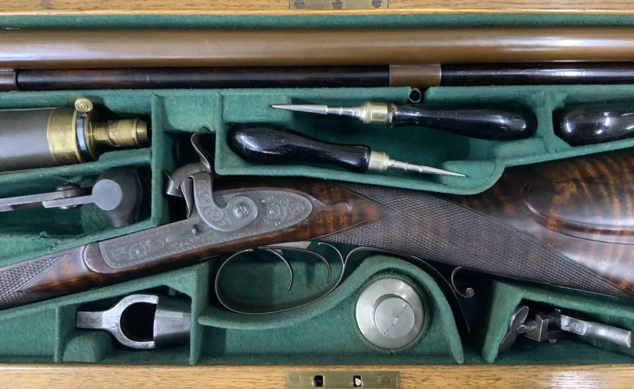 John Dickson & Son Cased 16 Bore Double Rifle - Powder Flask UK