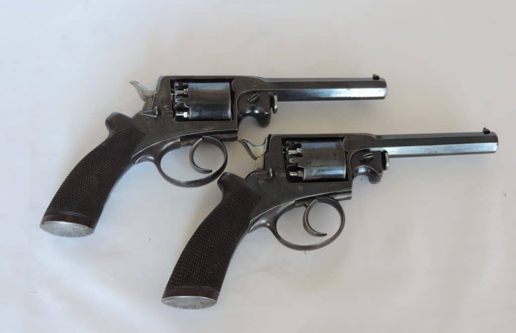Cased Pair of Robert Adams 120 Bore Revolvers - Powder Flask UK